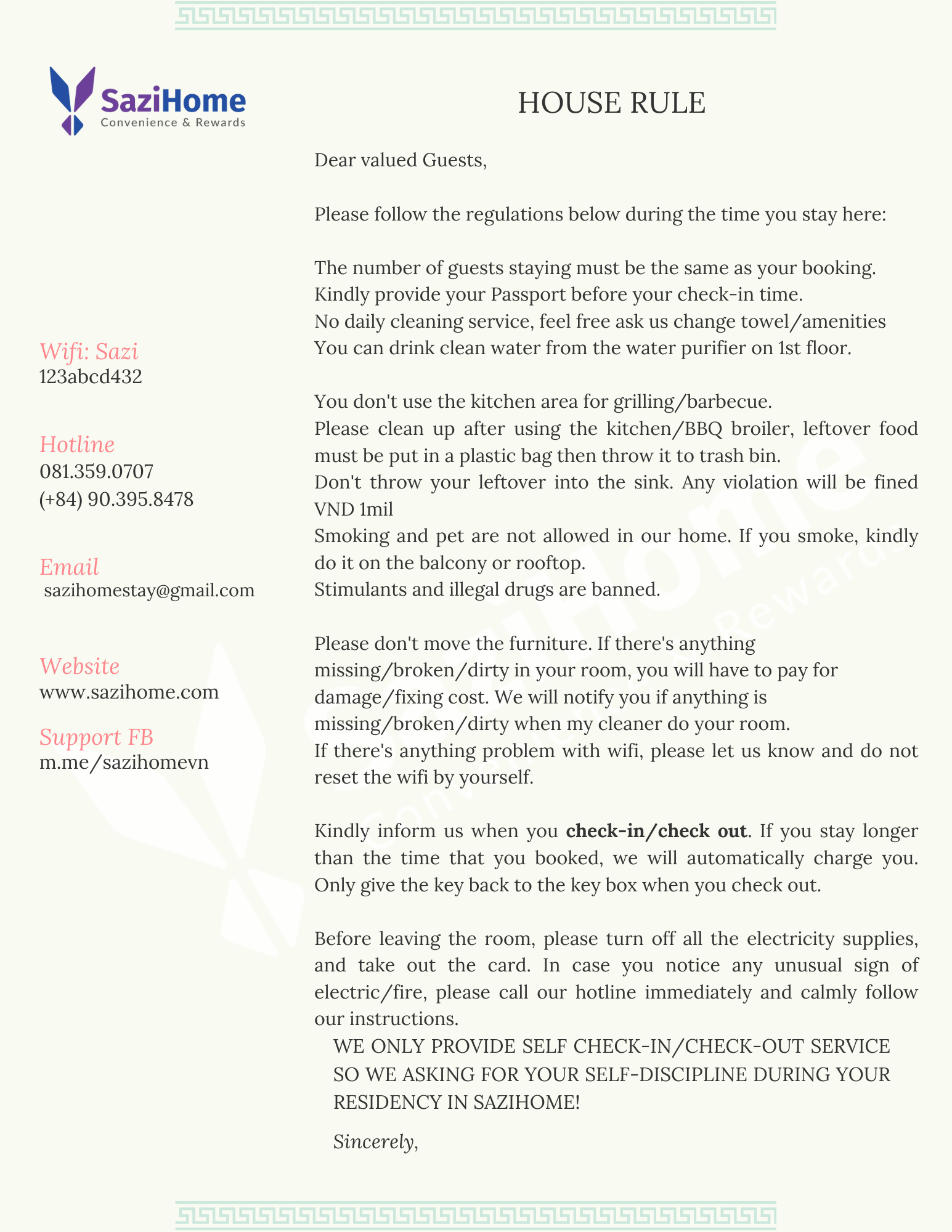 HOUSE RULE - SaziHome Ha Noi